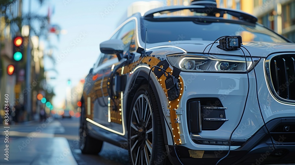 Detailed shot of a self-driving car with sensors and cameras, capturing ...