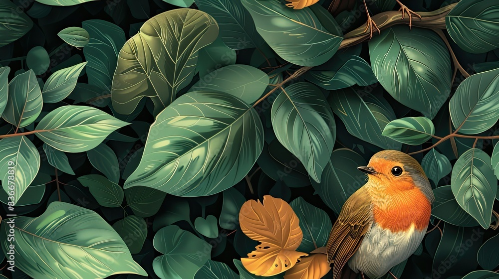 Robin Bird, in the style of repeating pattern, Greenery ,fauvist colour ...