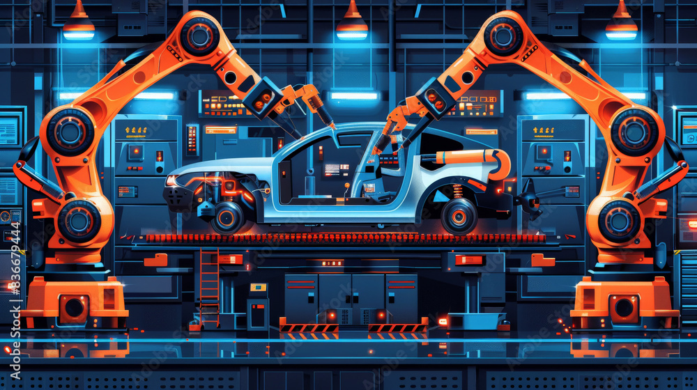 Simplified vector scene of an automotive robotics assembly line, featuring advanced robots ...