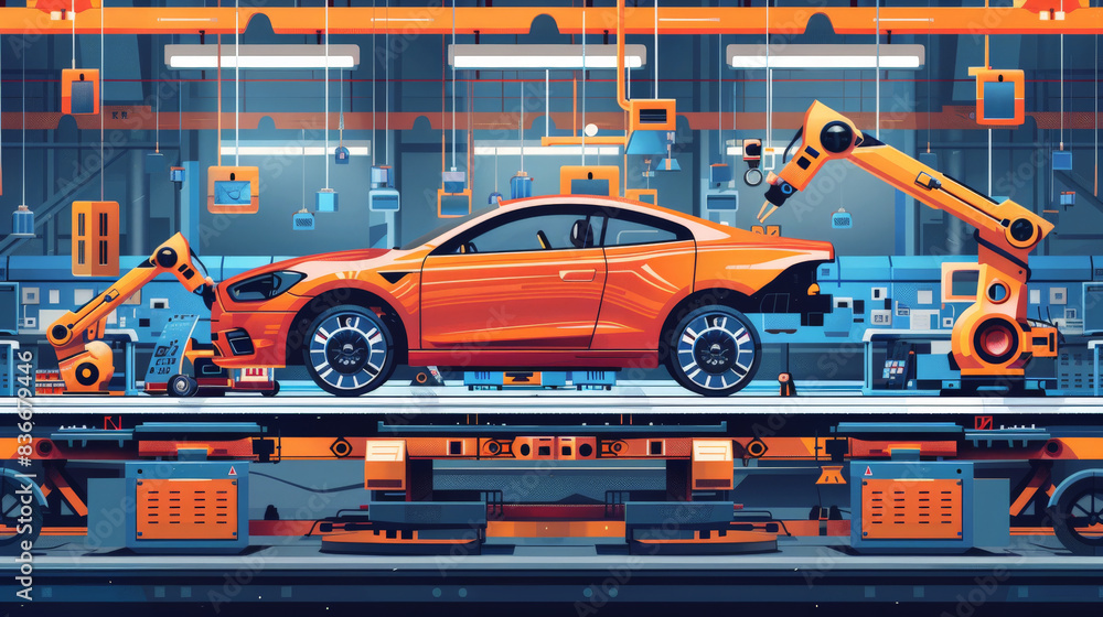 Simplified vector scene of an automotive robotics assembly line, featuring advanced robots ...