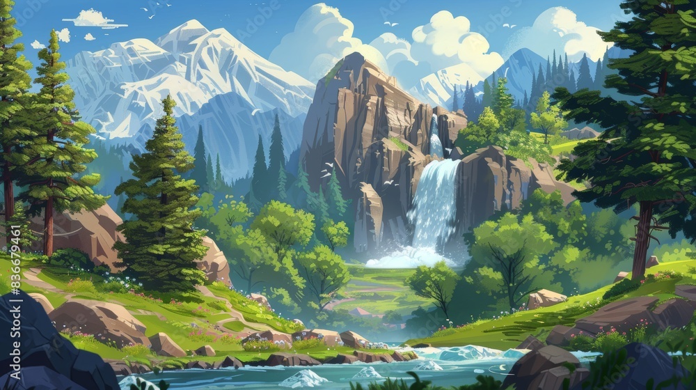 Captivating 2D cartoon landscape with towering mountains, a majestic ...