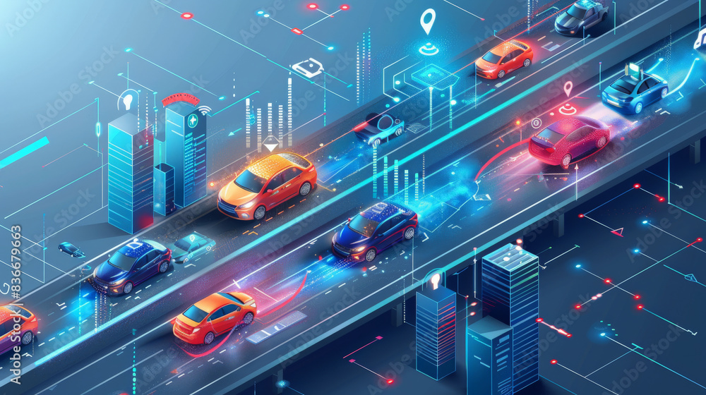 Vector illustration of a smart mobility solution, depicting a network of connected cars ...
