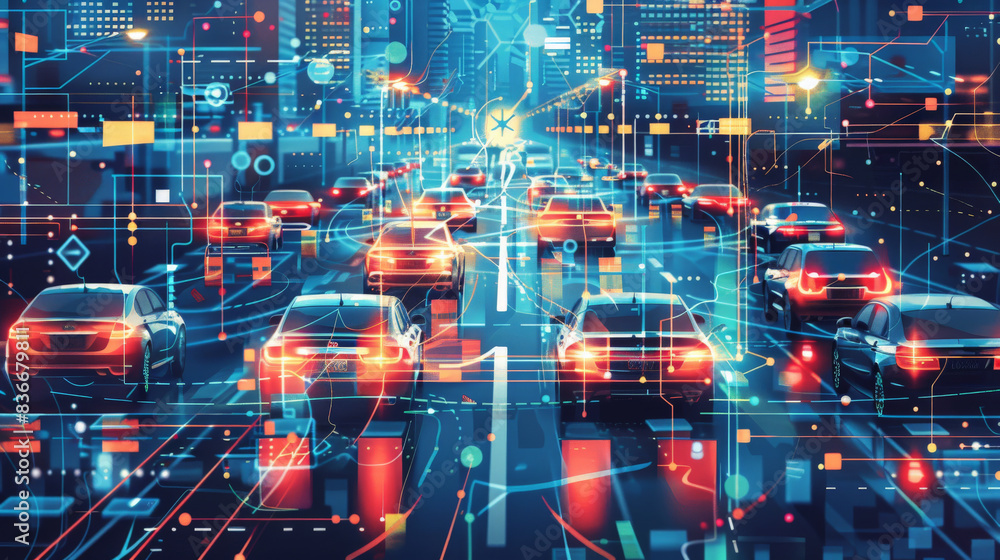Vector illustration of a smart mobility solution, depicting a network ...