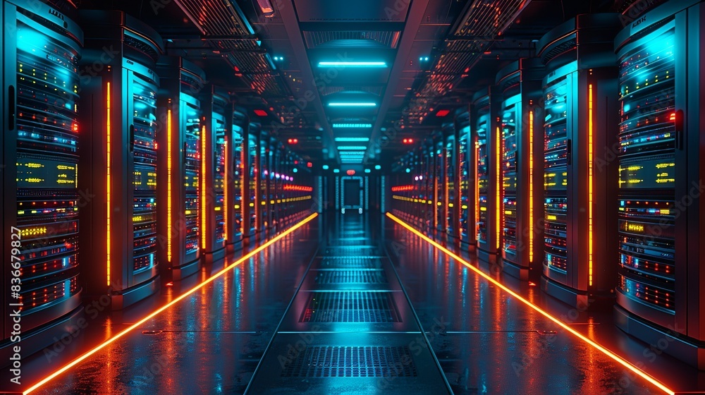 High-tech server room with rows of servers and glowing lights ...