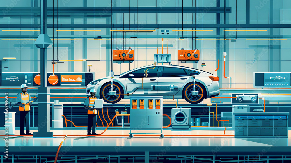 Simplified vector artwork of an emission testing facility, featuring ...