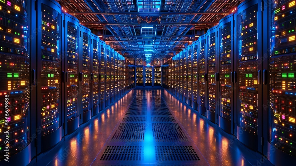 High-tech server room with rows of servers and glowing lights ...