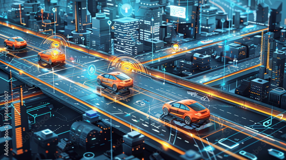 Vector illustration of a smart mobility solution, depicting a network ...