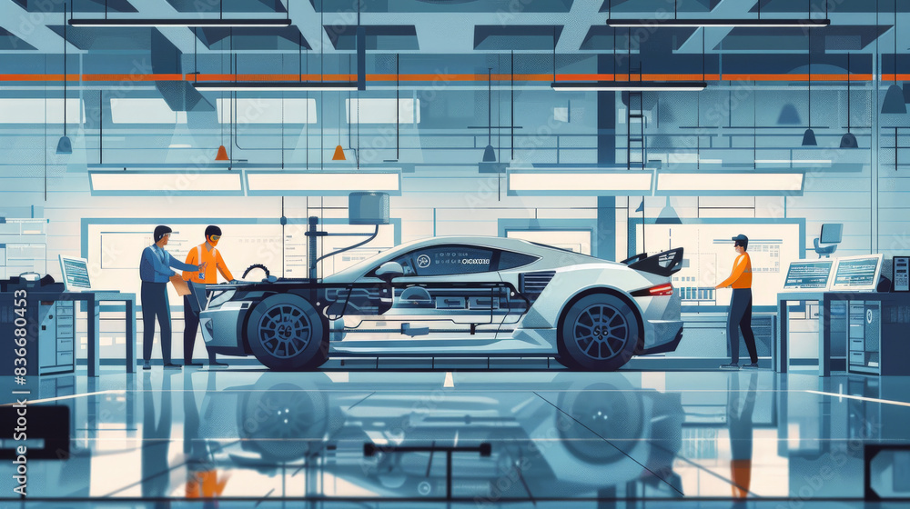 Vector depiction of an automotive engineering team collaborating on a ...