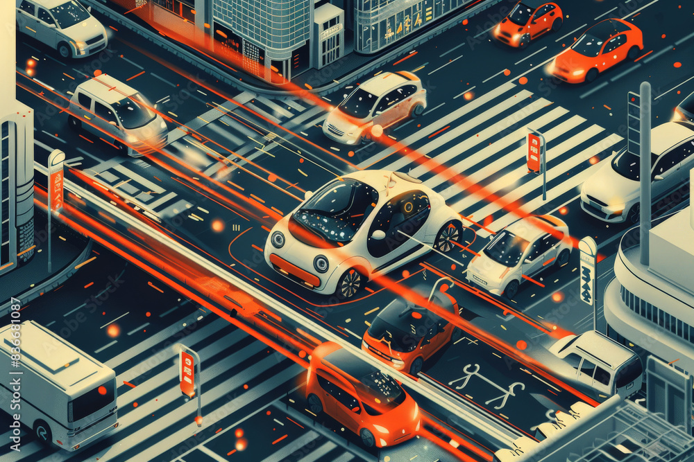 Simplified vector depiction of an autonomous car navigating busy urban ...