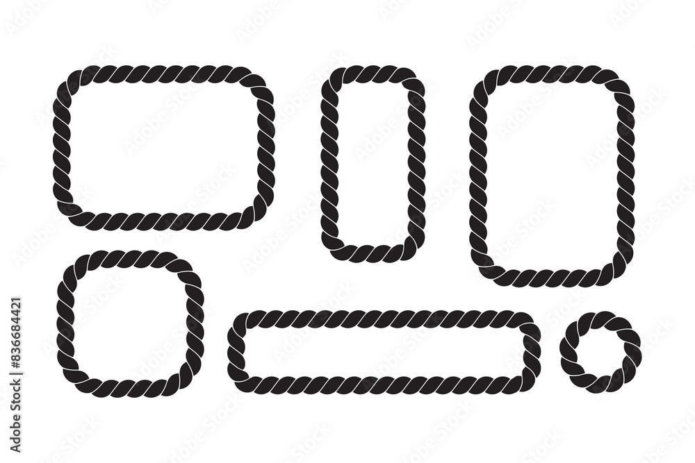 Different rope frames set. Circle, oval, rectangle shapes in retro ...