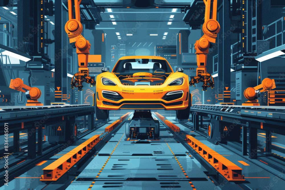 Simplified vector scene of an automotive robotics assembly line with advanced robots assembling ...