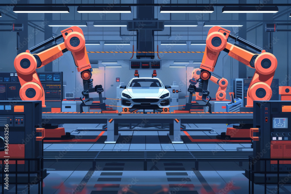 Simplified vector scene of an automotive robotics assembly line with advanced robots assembling ...