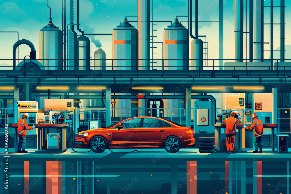 Simplified vector artwork of an emission testing facility with ...