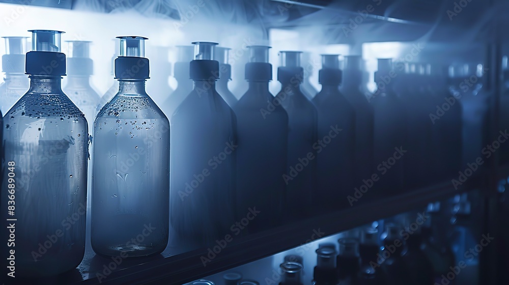 Chemical reagent bottles on a shelf, close-up, foggy with no humans ...