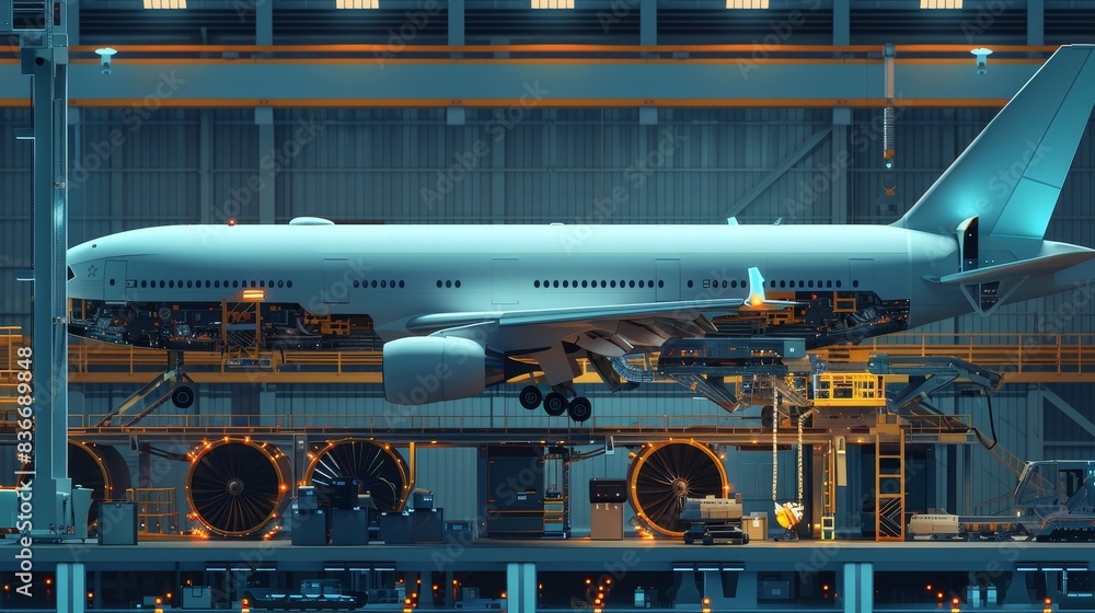 Automated machinery constructing a passenger plane on an assembly line ...
