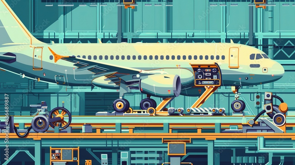 Automated machinery constructing a passenger plane on an assembly line ...