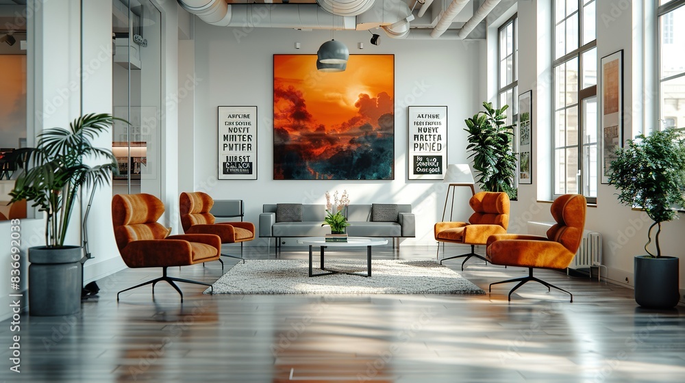A modern office with inspirational quotes and artwork on the walls ...