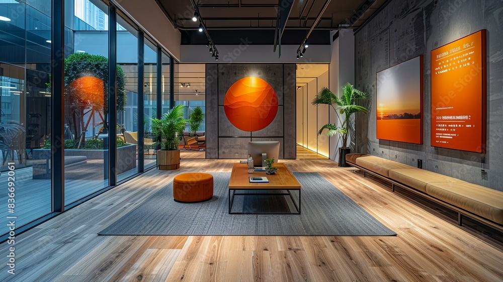 A modern office with inspirational quotes and artwork on the walls ...