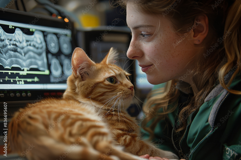 Veterinarian using advanced animal diagnostics equipment, such as an ...