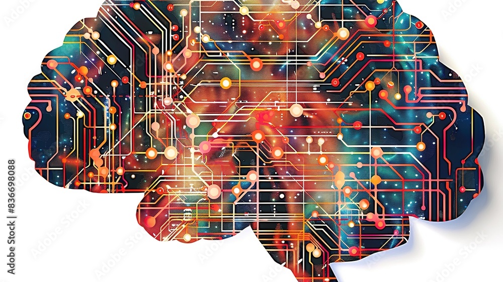 Cartoon illustration of a digital brain with circuit board on a white ...