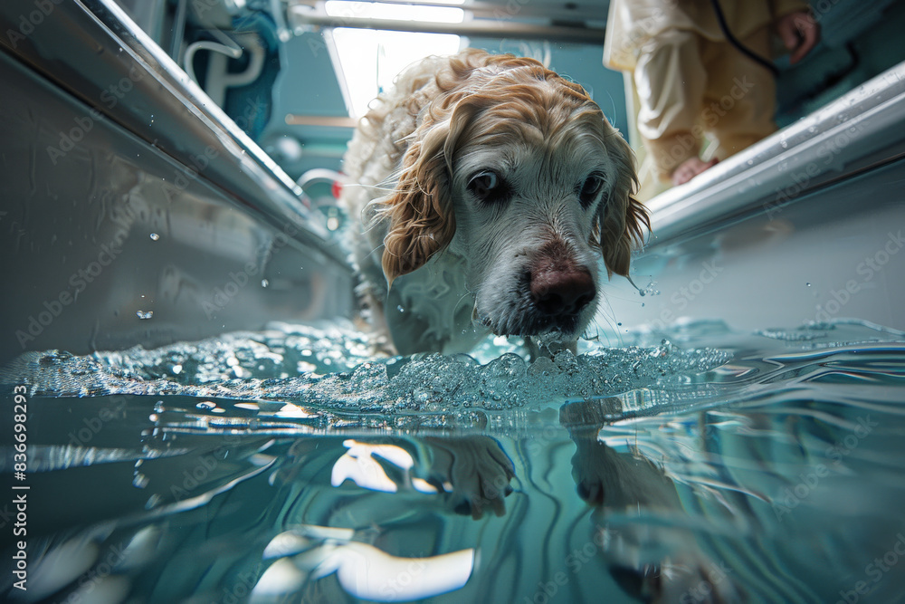 Veterinarian performing animal therapy, such as physiotherapy or ...