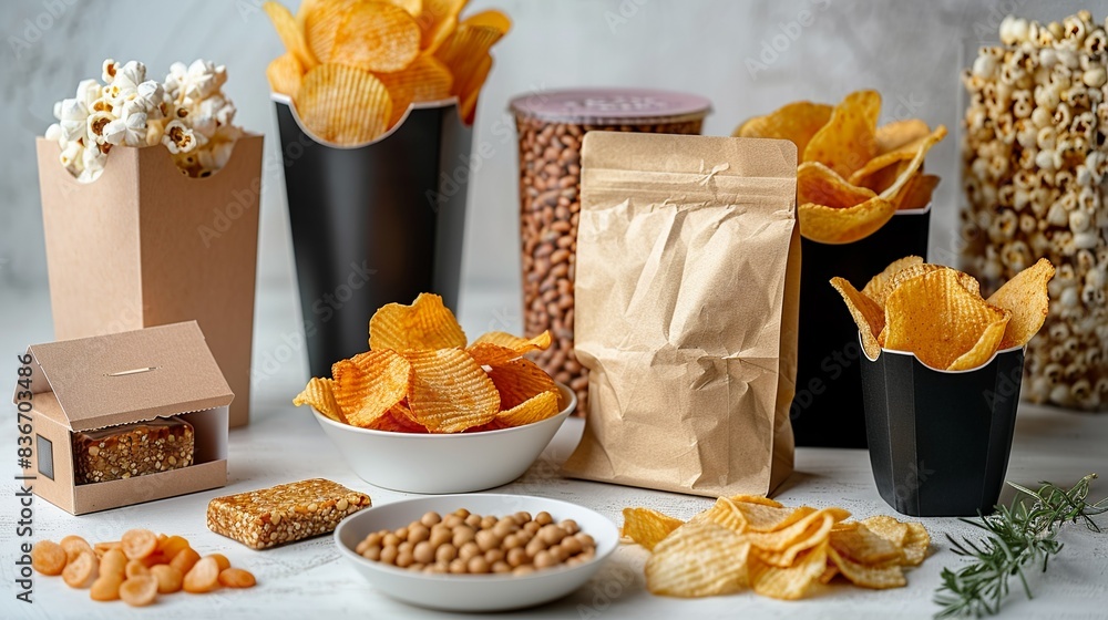 Mockups of snack packaging, including chip bags, popcorn boxes, and ...