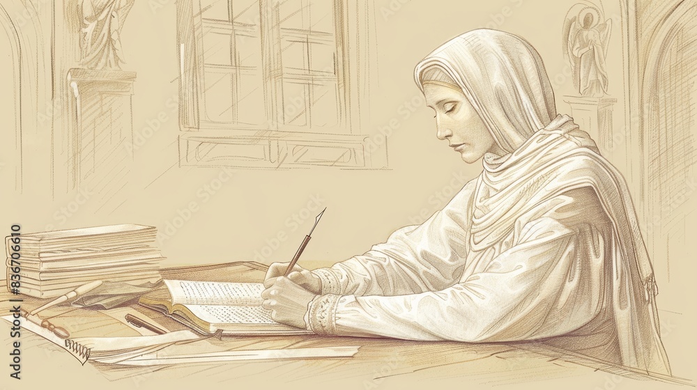Saint Catherine of Vadstena Writing Spiritual Works, Seated at Desk ...