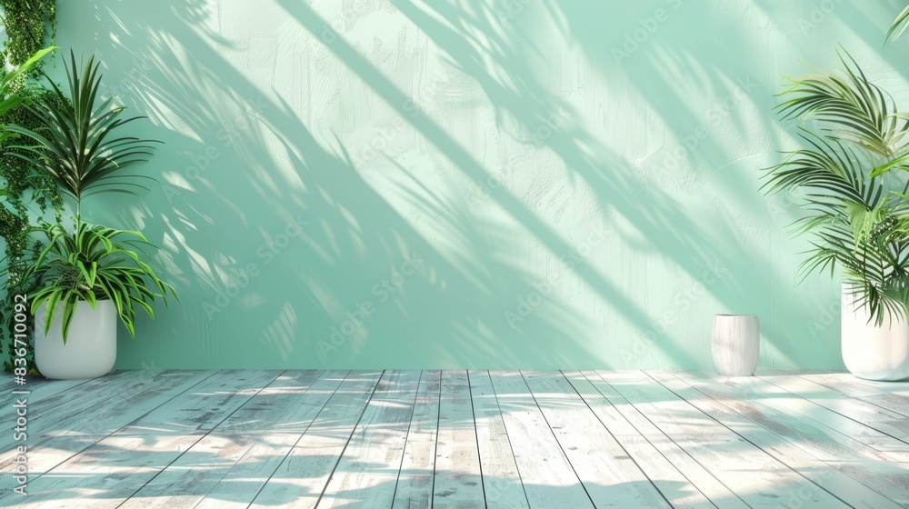 cool summer background with refreshing mint green walls and whitewashed ...