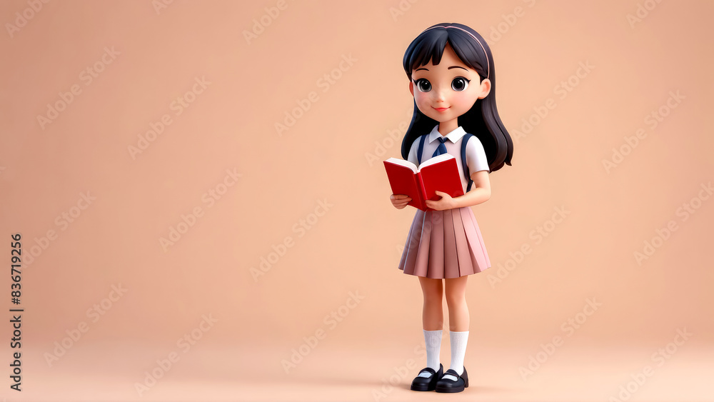 Schoolgirl girl with book in his hands stands on pale peach background ...