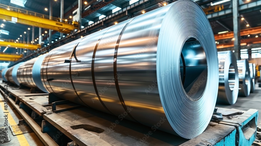 Large rolls of steel in a manufacturing plant. The factory has an ...
