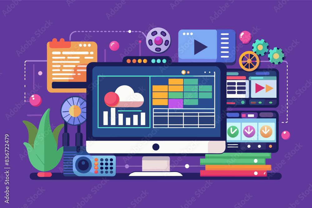 a computer screen with various devices and a plant, A detailed ...