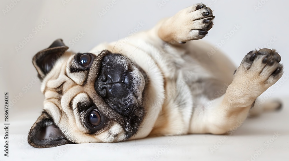 Pug lying on its back with paws in the air, showing a cute, wrinkled ...