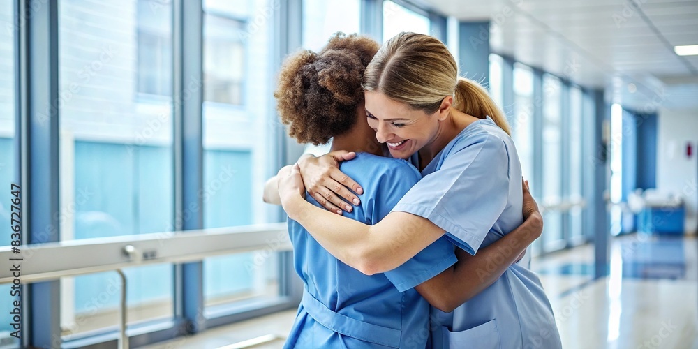 Hospital setting with two nurses hugging for comfort and support Stock ...
