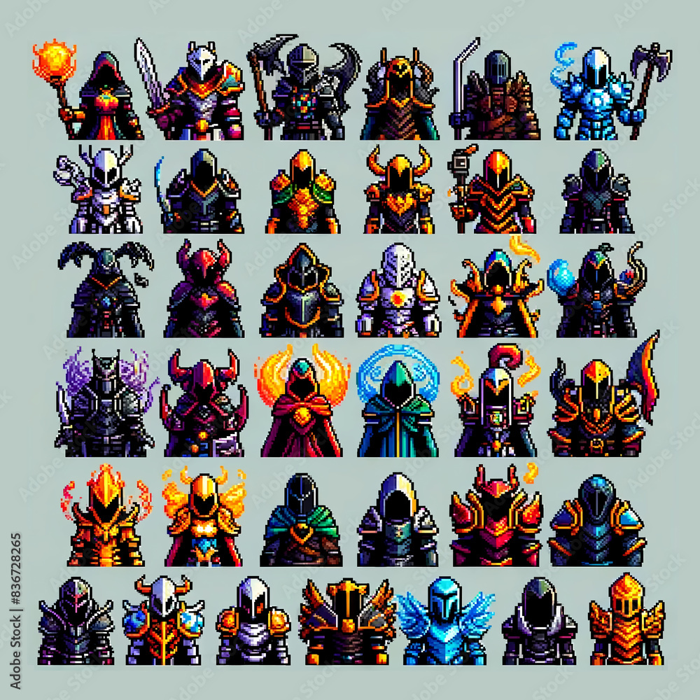 Detailed pixel art icons of RPG dark knights in a sprite sheet Stock Illustration | Adobe Stock