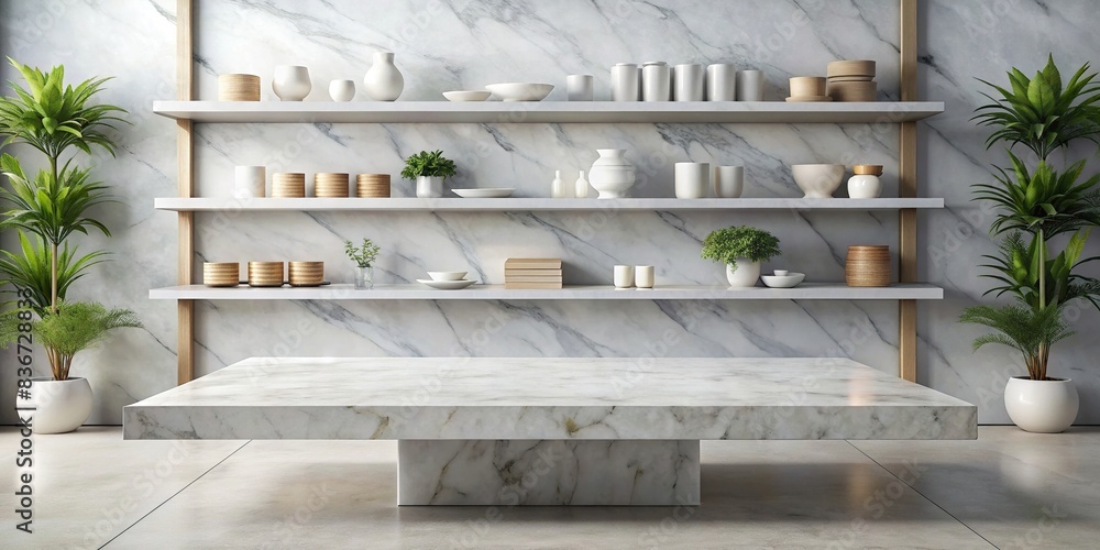 Foto de White marble table top with a stone display stand and empty ...
