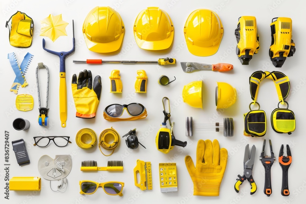 Explore a range of essential construction safety equipment on white ...