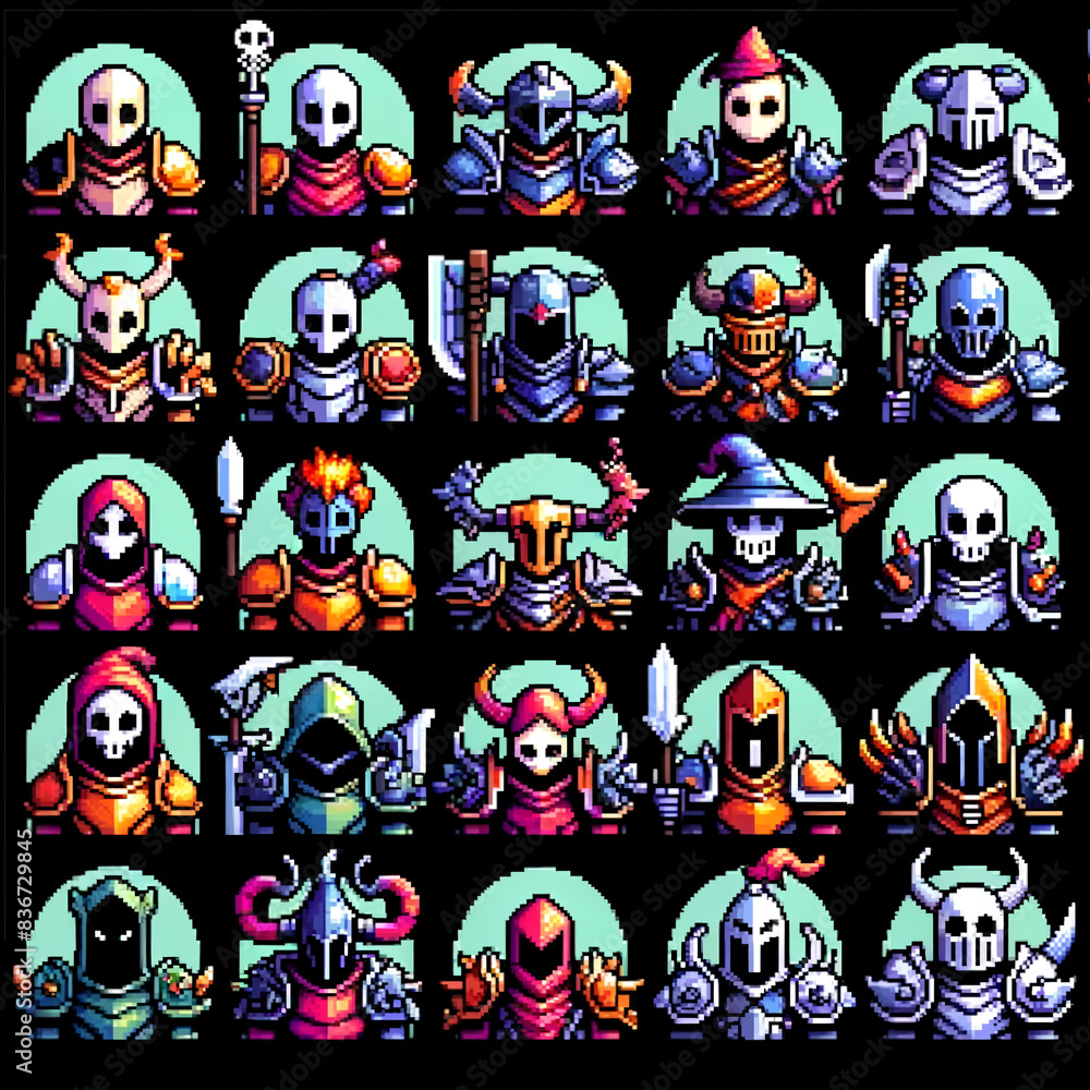 RPG death knights pixel art icons in a spritesheet ilustração do Stock ...