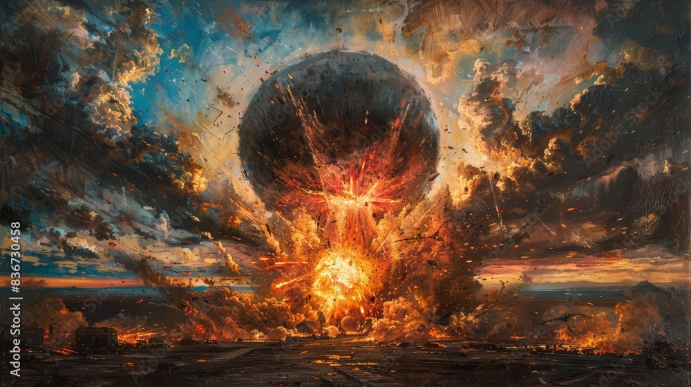 Paint a haunting scene of an atomic bomb blast in a wide-angle view ...