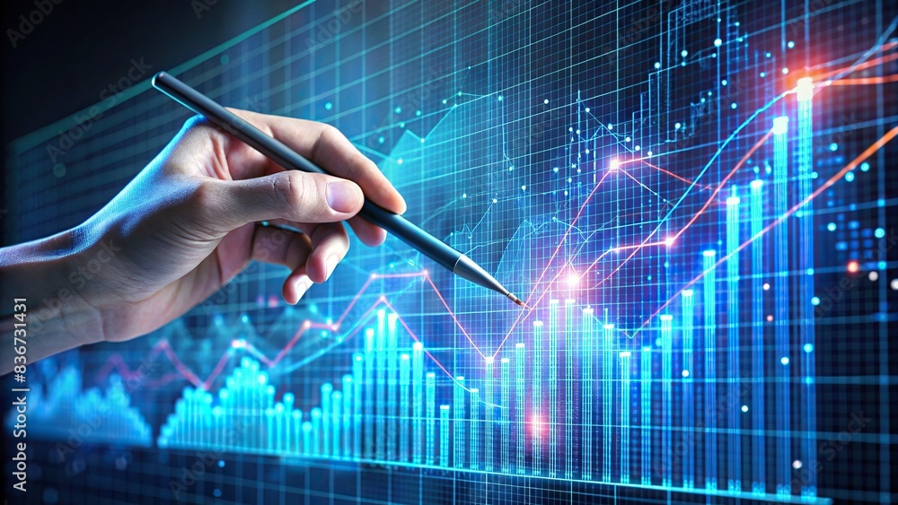 holographic statistics data analysis on chart with hand holding pencil ...