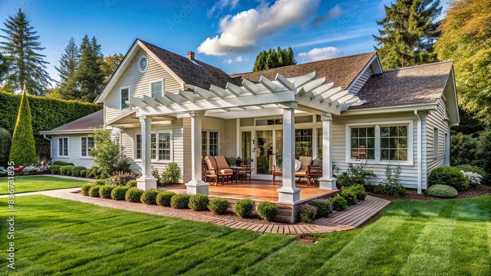 Zdjęcie Stock: Renovated white brick ranch house exterior with wood ...