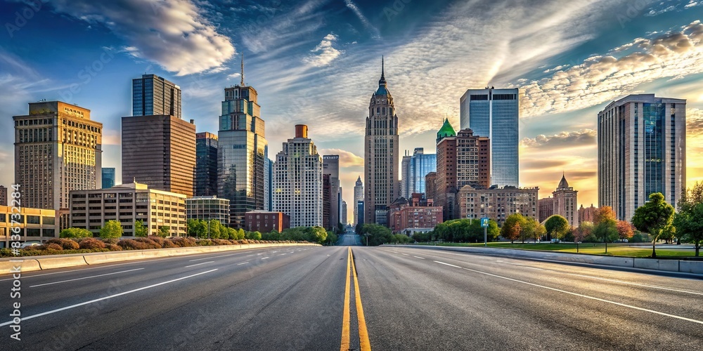 Foto de Downtown Detroit skyline with empty streets , Detroit, Michigan ...