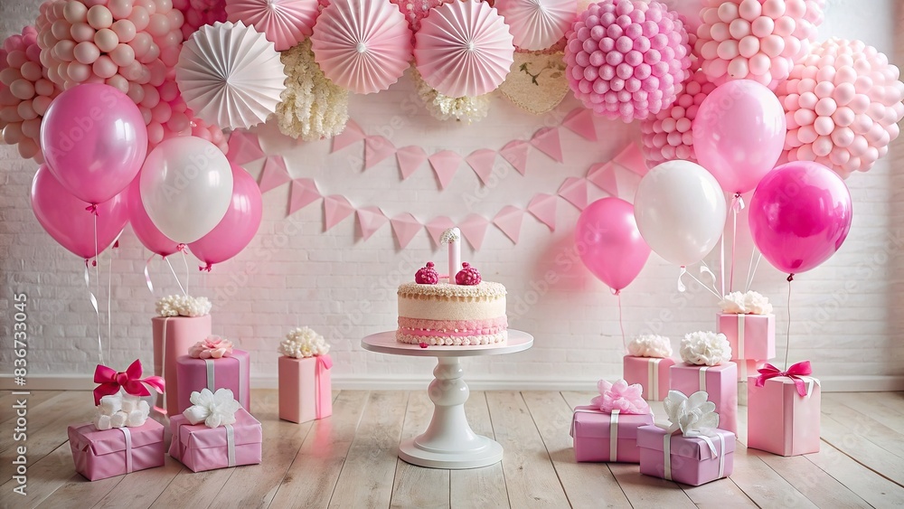 Pink and white themed 1st birthday cake smash studio set up with ...