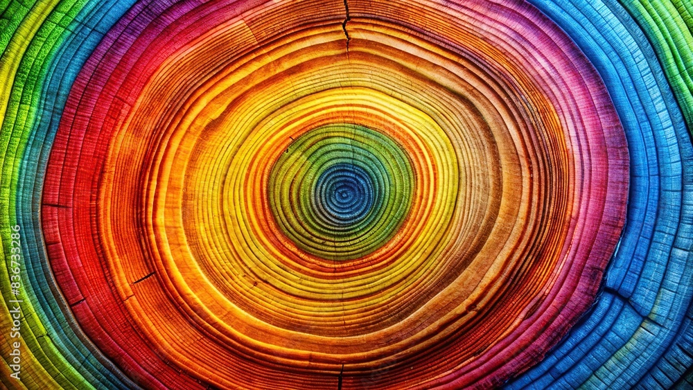 Colorful cross section of tree rings showing annual age rings on a ...