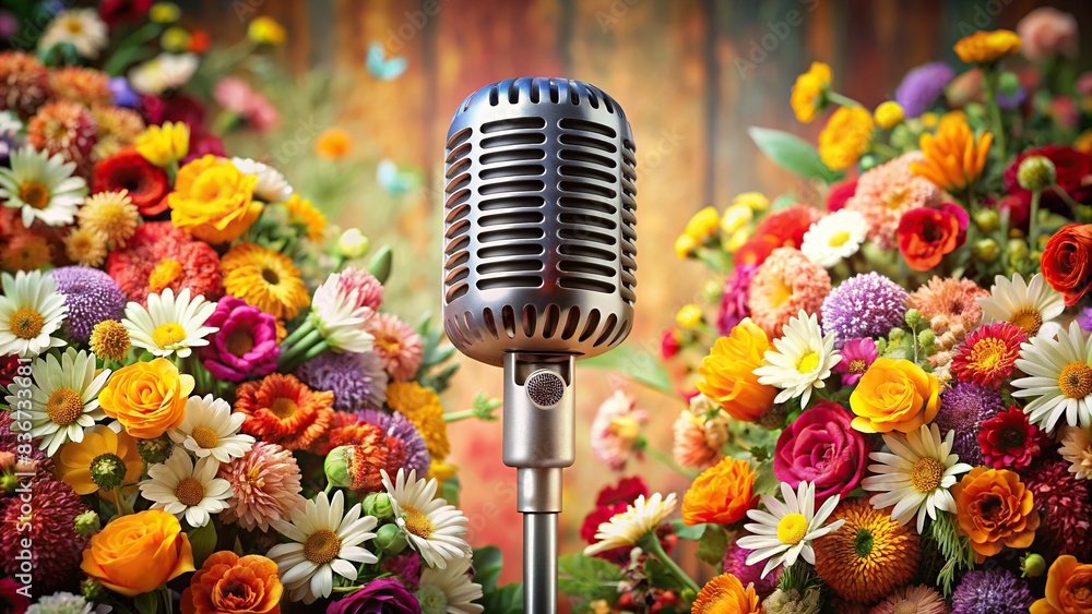 Retro microphone adorned with colorful flowers for music and radio ...