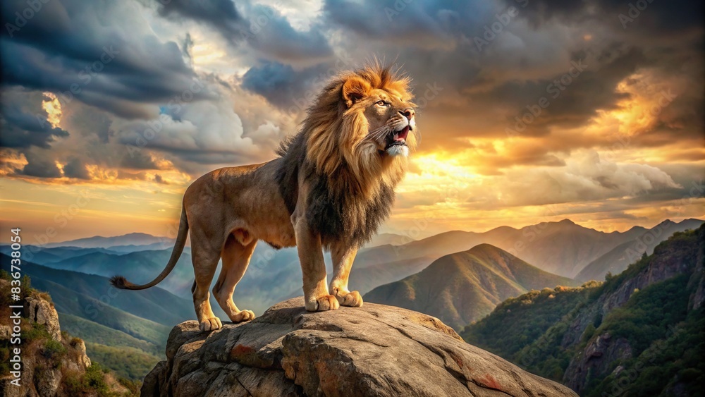 Roaring lion standing on a mountain cliff , lion, roaring, predator ...