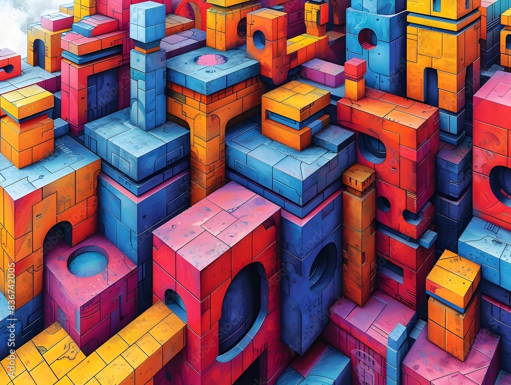 Striking Isometric Grid Architecture with Bold Color Palette and Layered Geometric Structures ...
