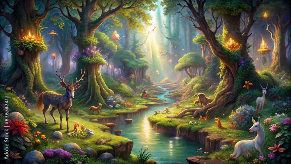 Enchanted forest with magical creatures and mystical scenery, fantasy ...