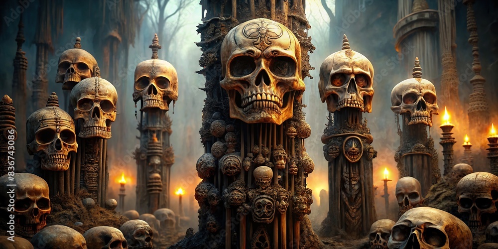Totem skulls and human bones columns creating a haunting and eerie ...