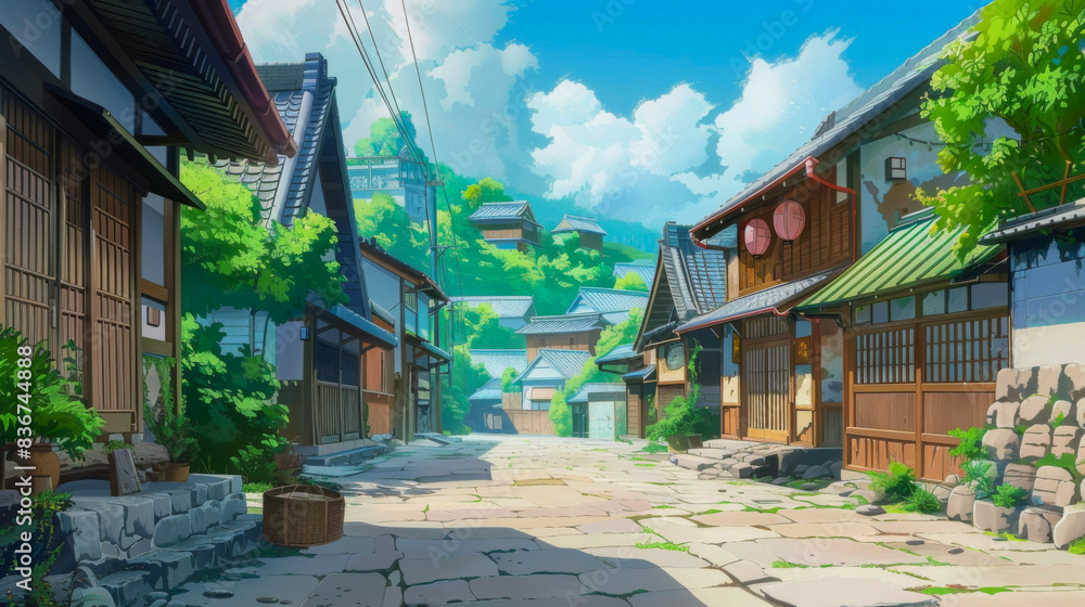 Japanese village in anime style Stock Illustration | Adobe Stock