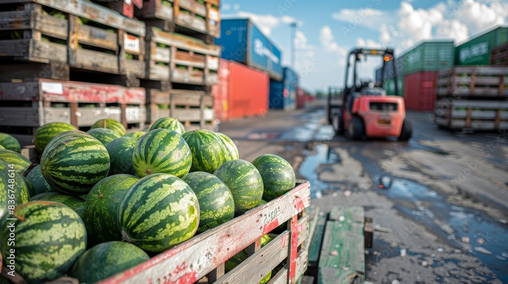 Packed crates of watermelons on a loading dock, with shipping ...